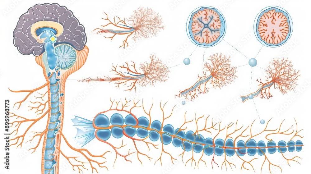 Diagram of multiple sclerosis, showing demyelination of nerve fibers ...