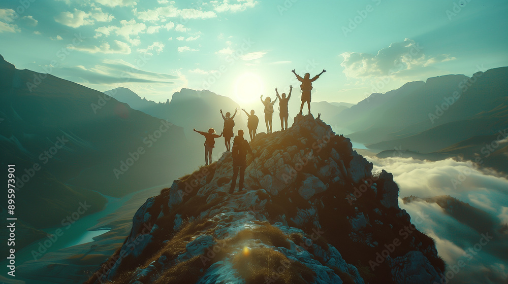 Group of people on peak mountain climbing helping team work , travel ...