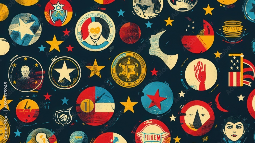 Illustrate a dynamic display of political party emblems, featuring ...