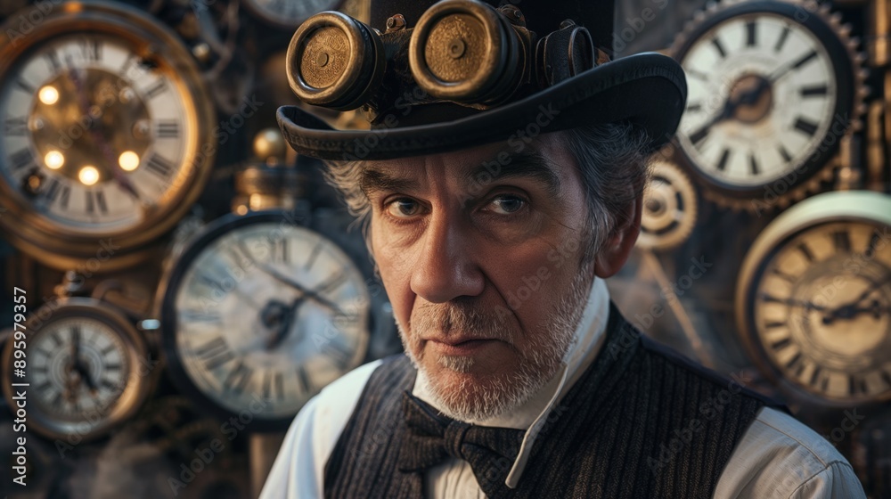 Foto de Steampunk portrait of an inventor, surrounded by blueprints and ...