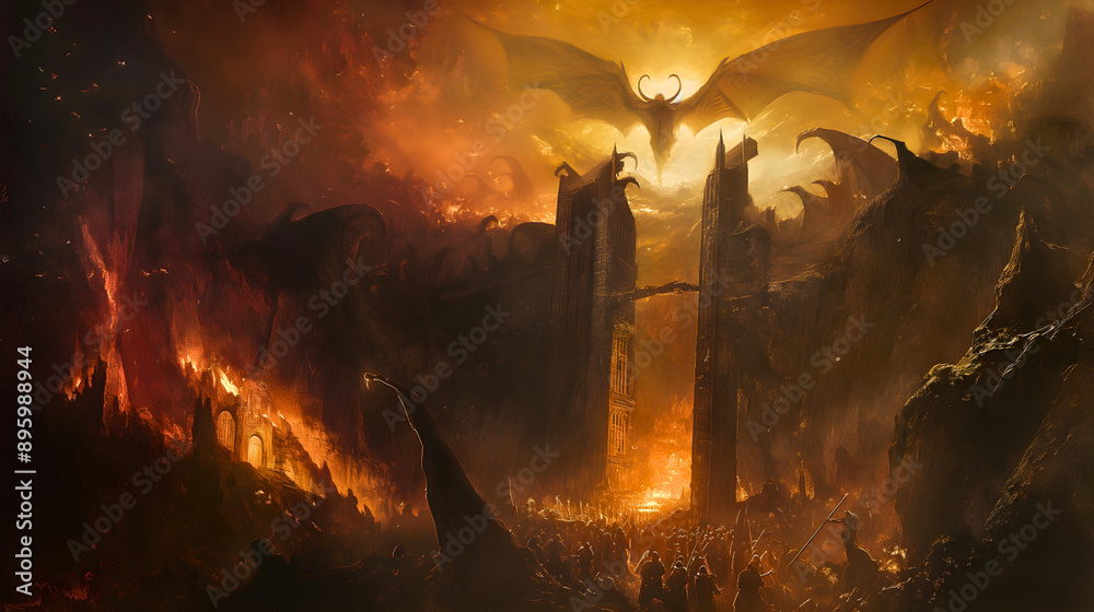 The gates of hell, filled with demons, with Lucifer's gates through ...