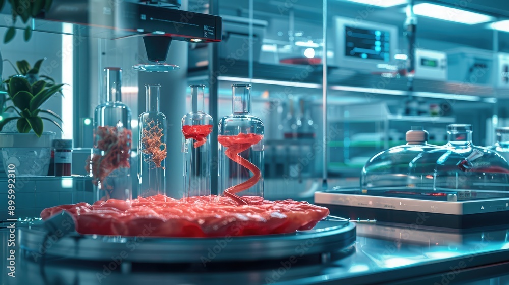 A futuristic bioengineering lab cultivating lab-grown meat for ...