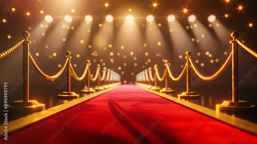 Luxury red carpet and golden stands with ropes on the background of ...