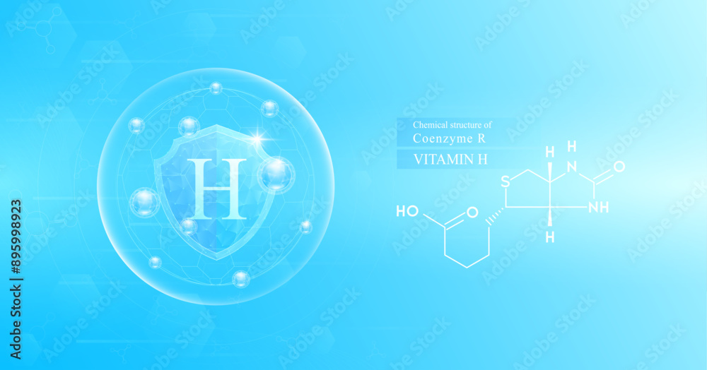 Shield vitamin H in dome with blue atom around and chemical structure ...