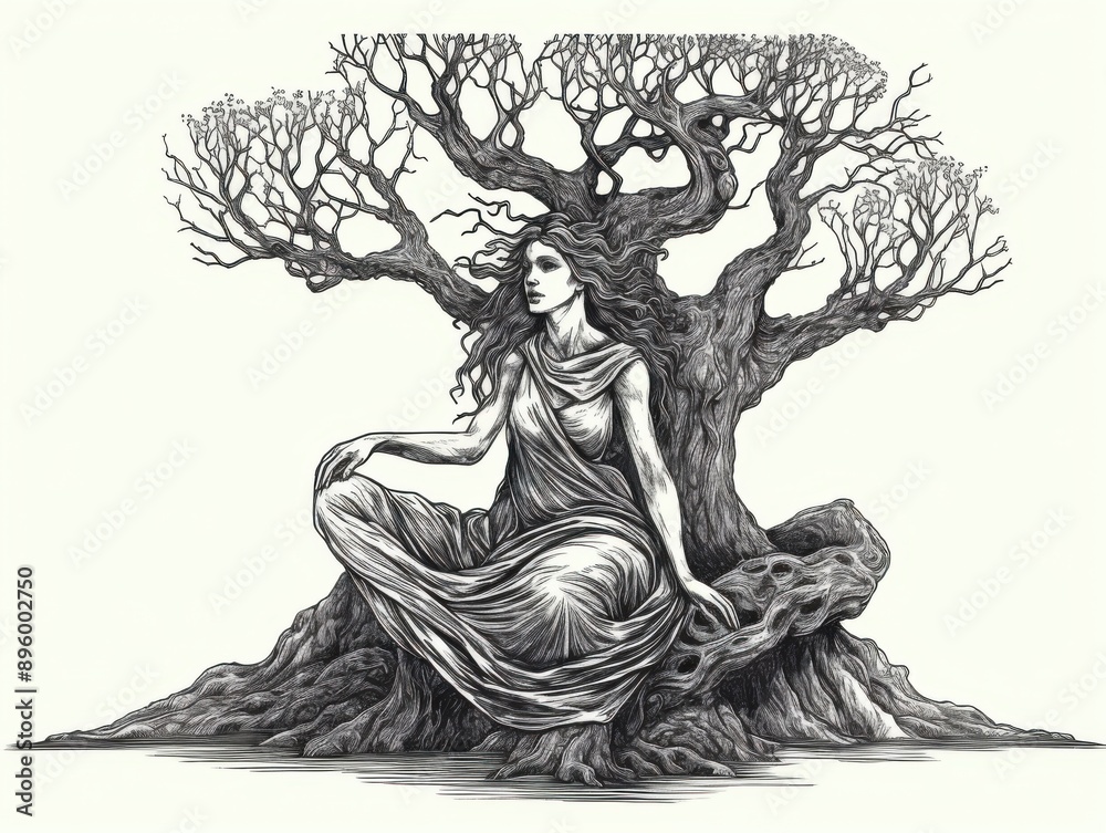 Black and white Vintage engraved art of a dryad isolated on white ...