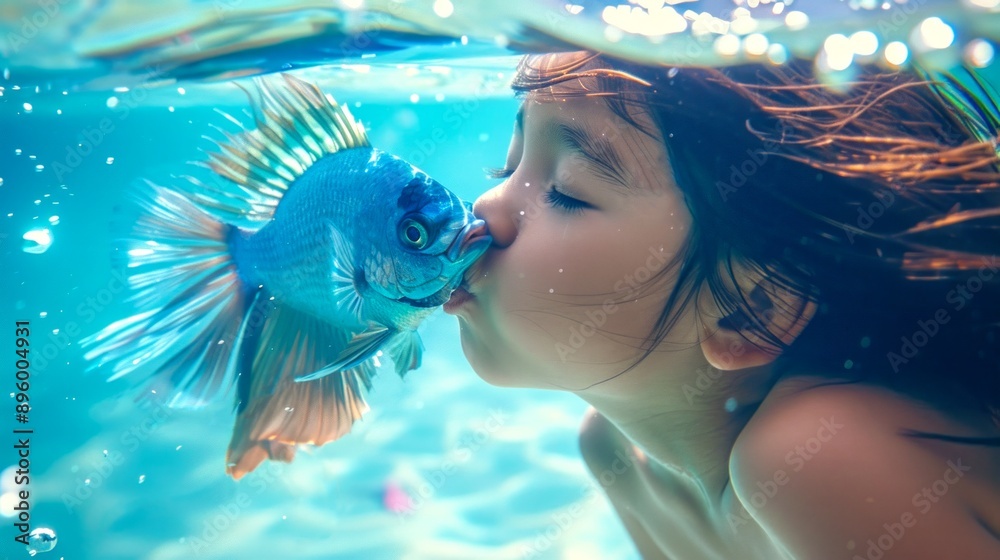 Underwater magic moment of a child kissing a fish. Dreamlike colors and ...