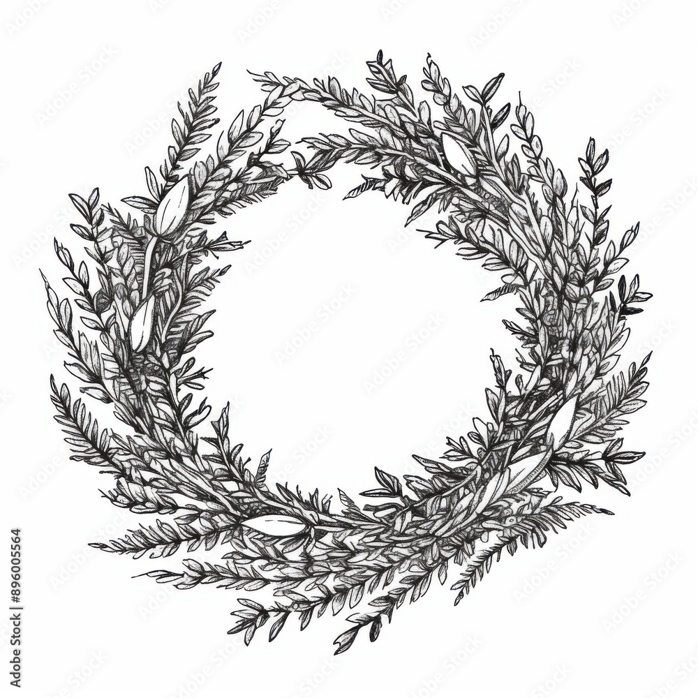 Black and white Vintage engraved art of a heather wreath isolated on ...