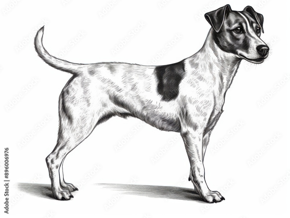 Black and white Vintage engraved art of a Jack Russell Terrier isolated ...