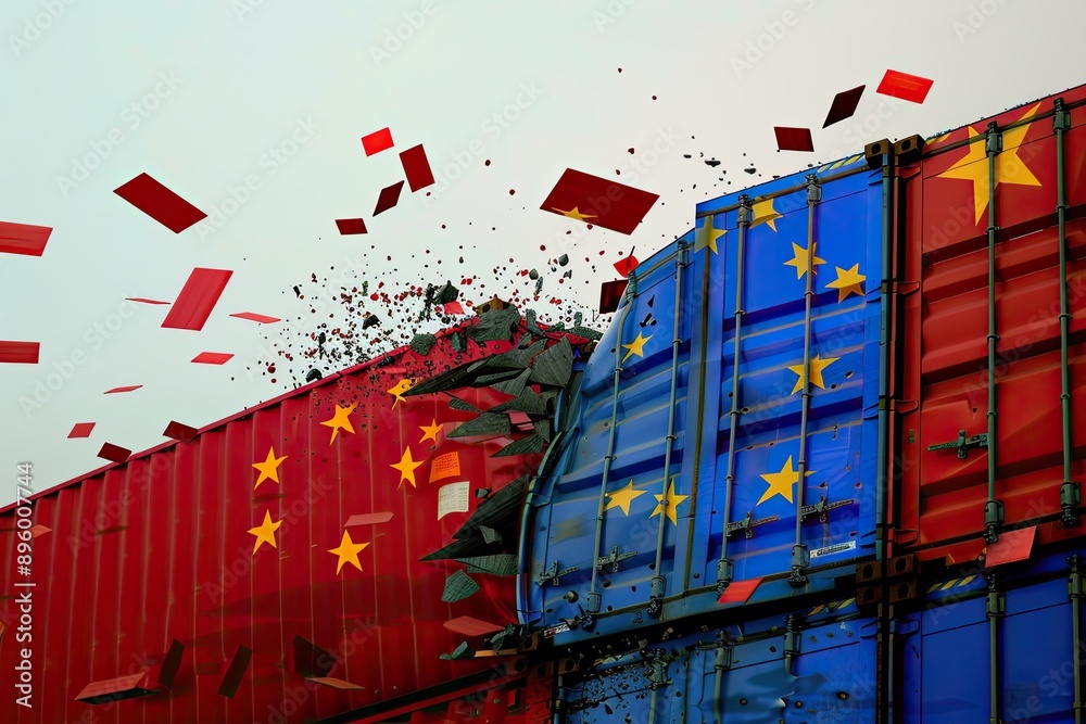EU and China Trade Containers Collision, a chaotic scene of shipping ...