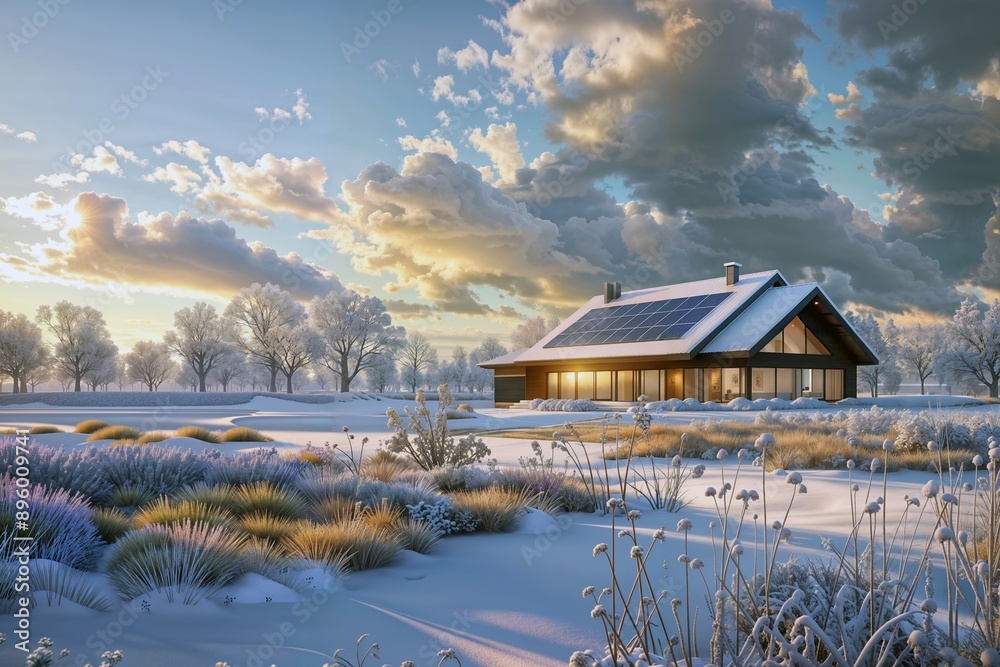 Winter Solace: Solar Powered Retreat. A serene winter scene showcasing ...