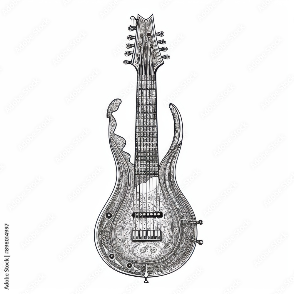 Black and white Vintage engraved art of a sitar isolated on white ...