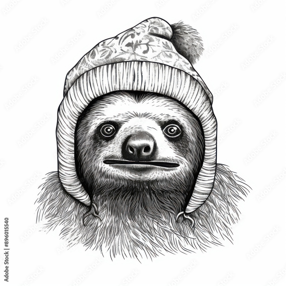 Black and white Vintage engraved art of a sloth with a beanie, isolated ...