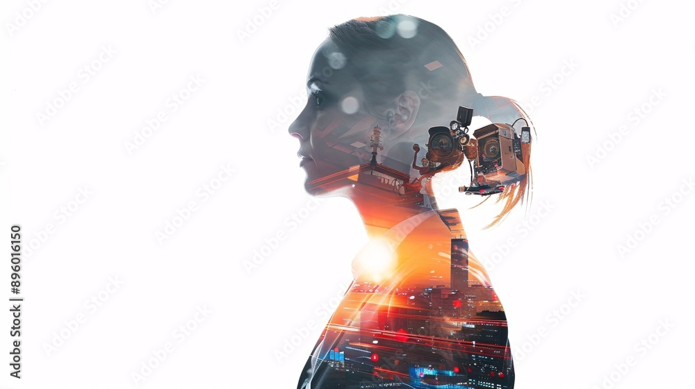 Double Exposure Art, female reporter delivering news, His silhouette ...