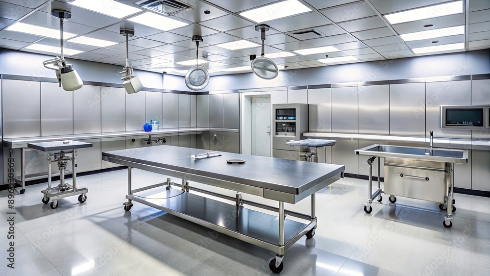 Sterile autopsy room with stainless steel tables and medical equipment ...