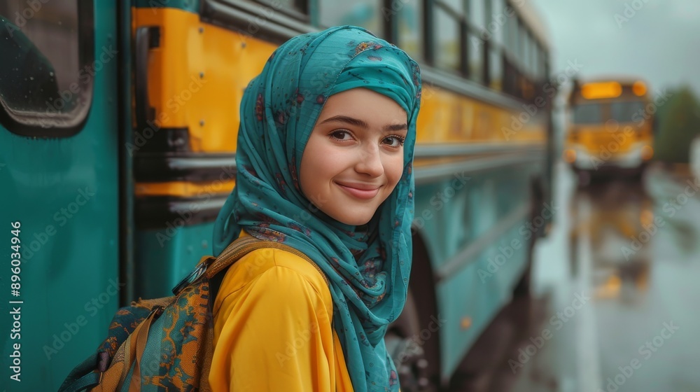 Smiling student muslim teenage girl ready to board school bus next to ...