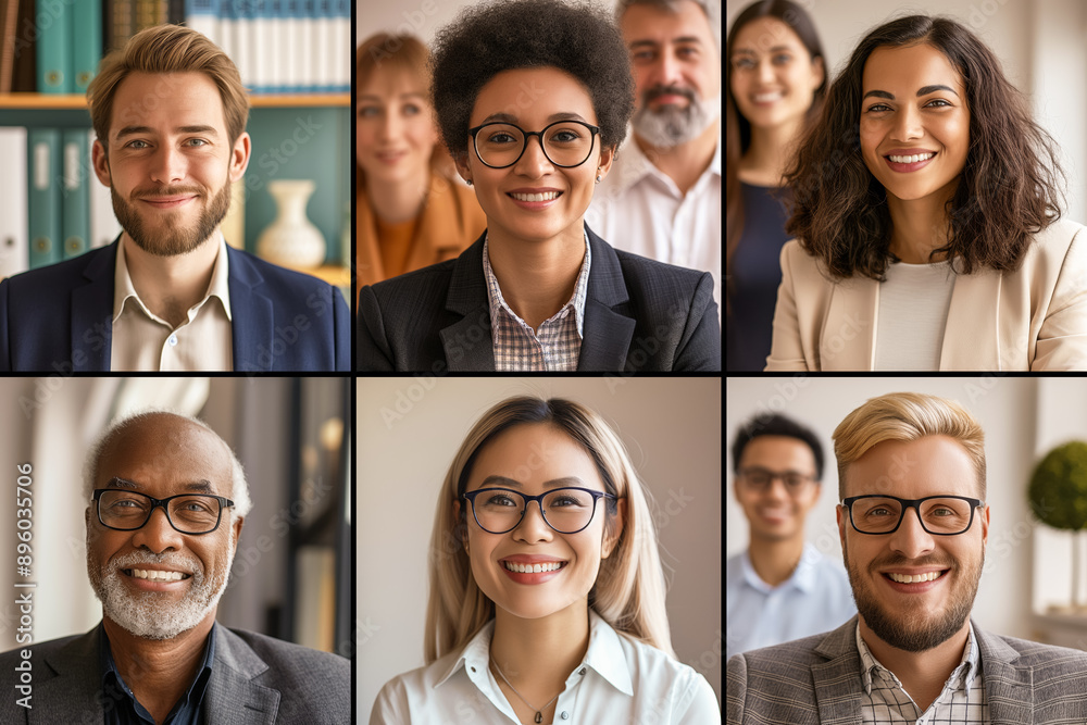 Many different smile people look camera collage. Lot mix race guy face ...