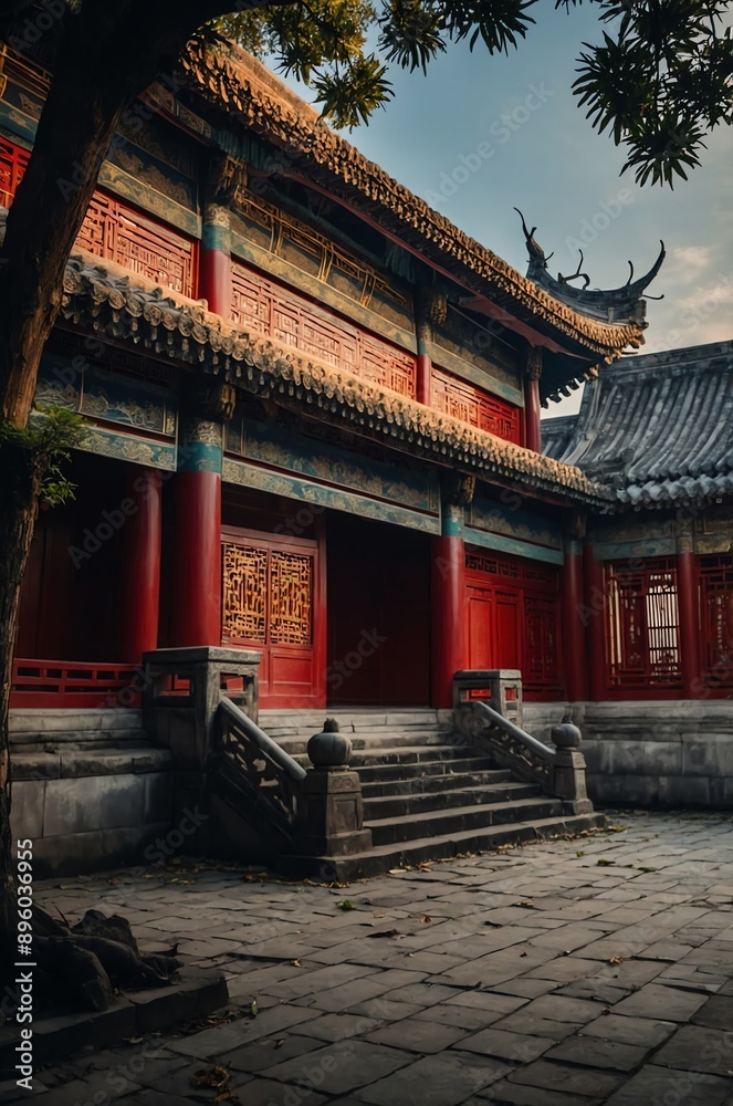 chinese palace facade front view with tree and dramatic lighting ...