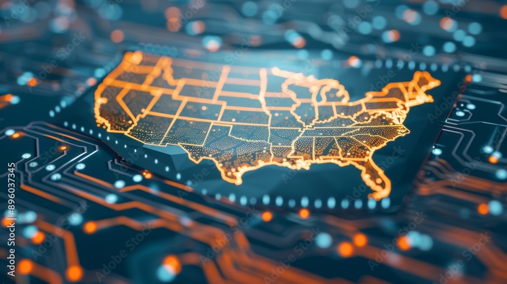 Tech-Infused Map of the USA: Orange Outlines & Circuit Board Background ...