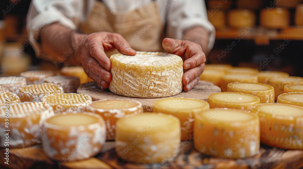 The hands of a male cheesemaker hold a fresh wheel of cheese. Cheese ...