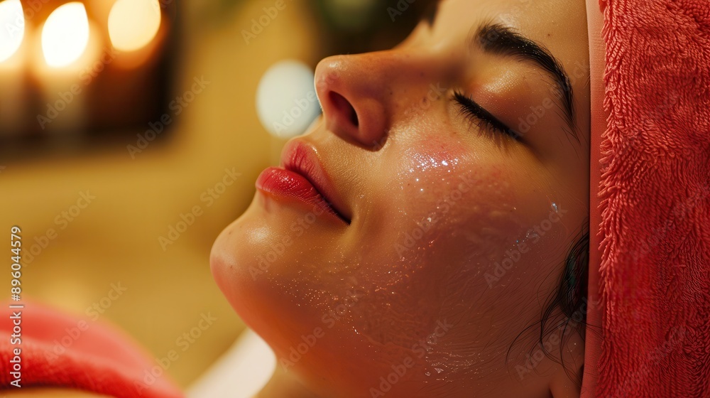 Woman relaxing at a spa, with a facial treatment and a serene ...
