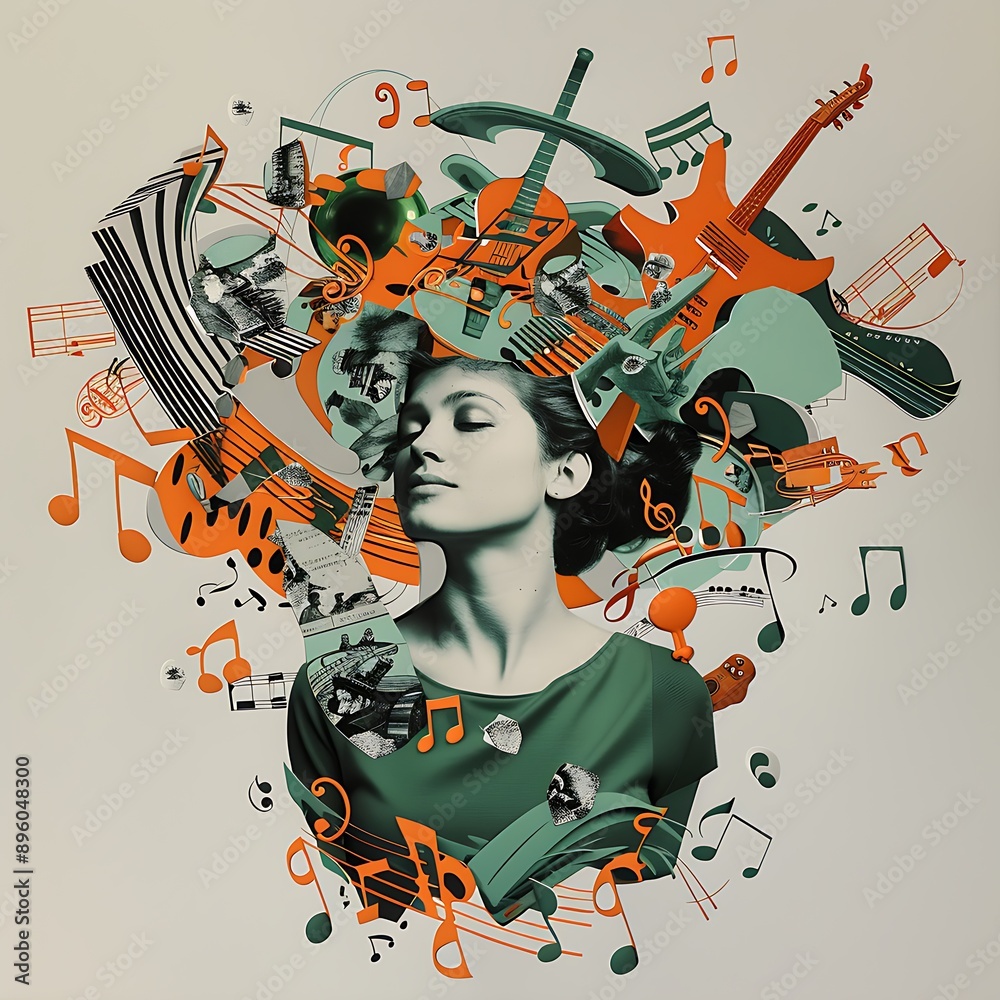 Surreal Art Collage of Woman with Floating Music Notes and Instruments ...