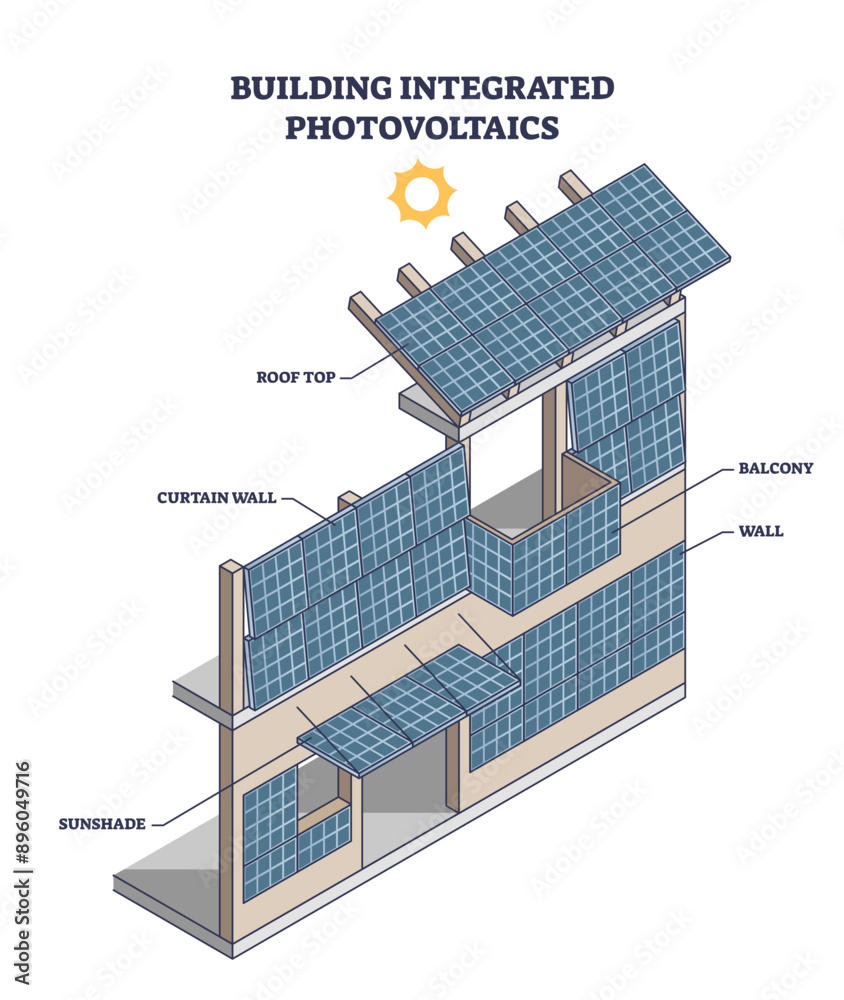 Poster Building integrated photovoltaic panels for solar energy outline ...
