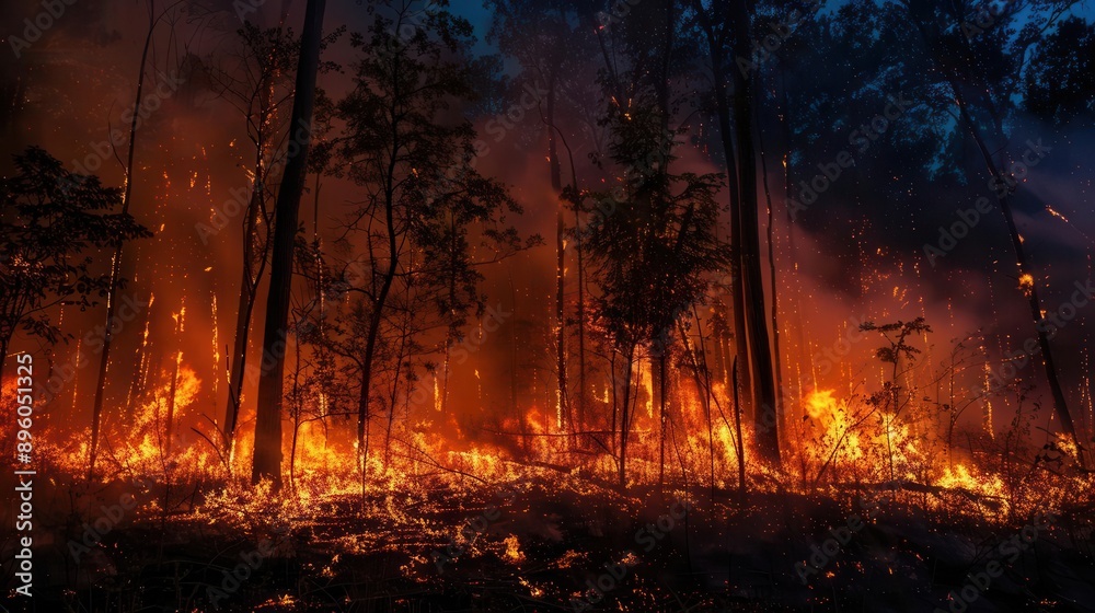dramatic night scene of raging forest fire glowing embers and smoke ...