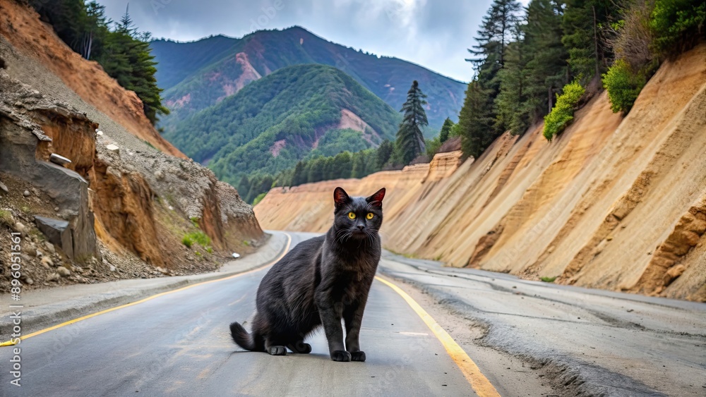 Black cat standing on a road in front of a massive landslide , disaster ...