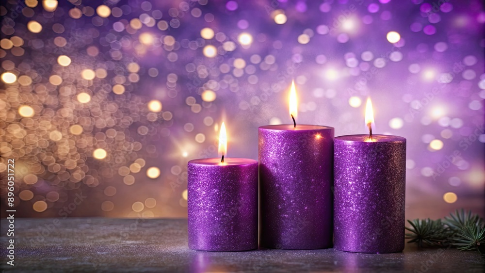 Abstract image of three purple advent candles with soft blur glitter on ...
