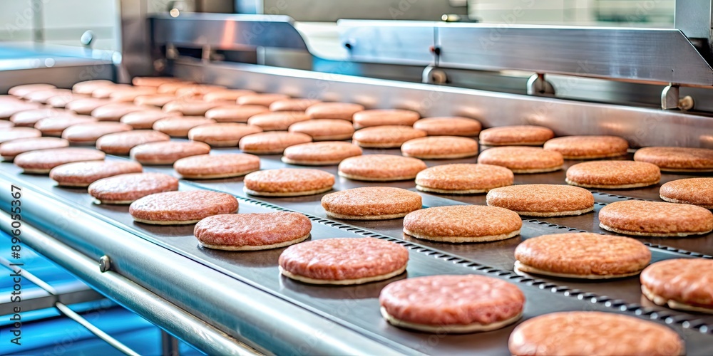 Production line of burger blanks at factory, manufacturing, assembly ...