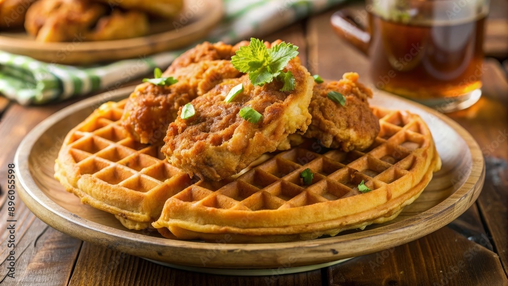 Un plato de waffles con pollo frito de la cocina americana, servido ...
