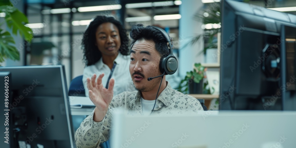 On an office computer, African American contact center agent trains new ...