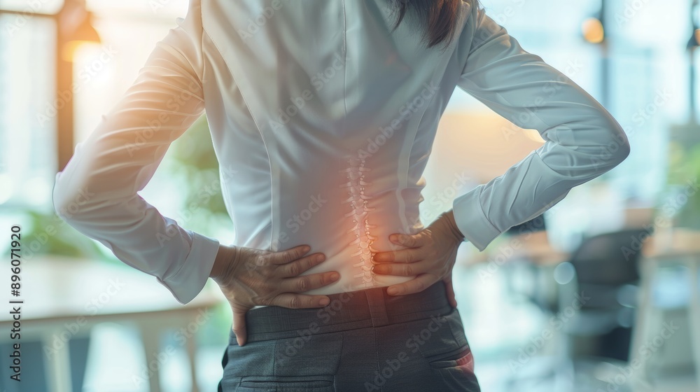 Asia beautiful woman holding her lower back while and suffer from ...