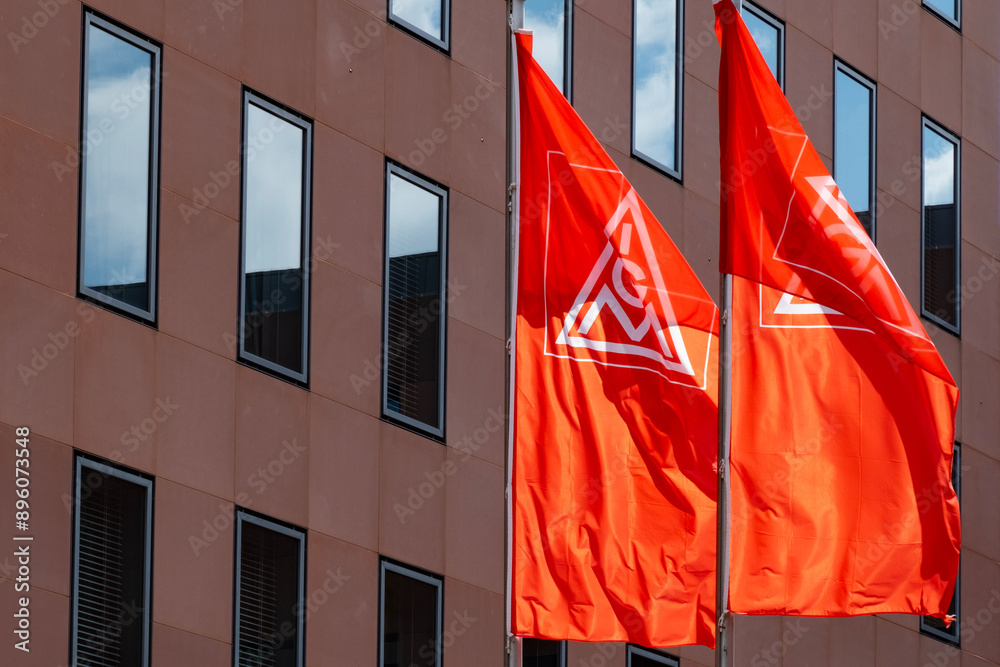Red IGM flags IG Metall logo, German dominant metalworkers union on ...