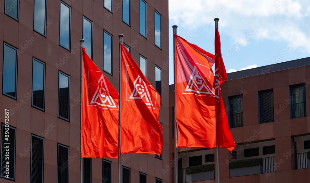 Red IGM flags IG Metall logo, German dominant metalworkers union on ...