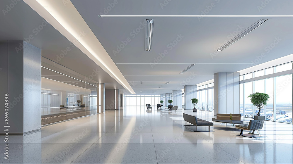 3D rendering of modern office background, business hall setting ...