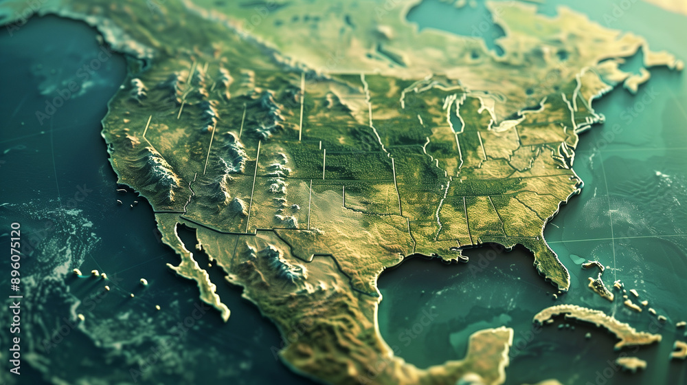 Topographic 3D map of United States with detailed terrain features ...
