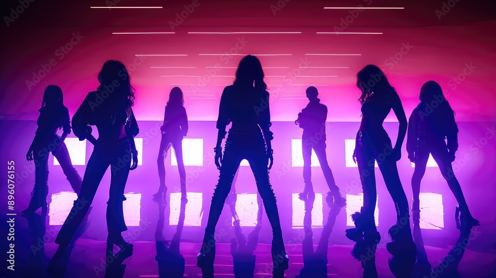 Female Kpop starts silhouette in neon lit stae background, South Korea ...