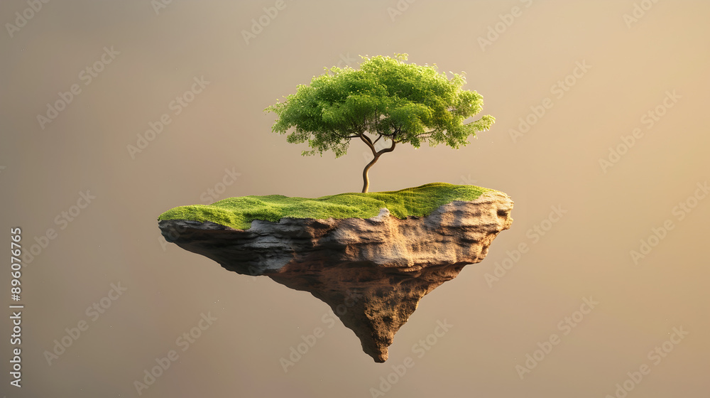 Floating Island: A floating island with a small tree on a solid light ...