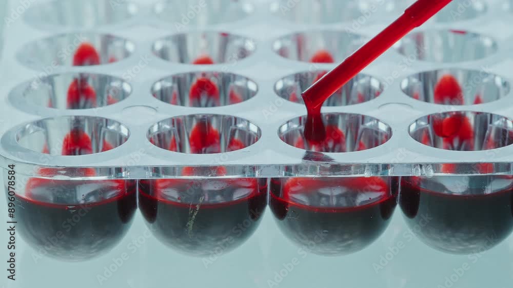Adding blood specimens with pipette to wells of microplate for medical ...