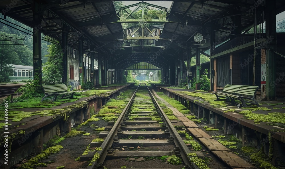 Crumbling train depot platform with moss-covered tracks and broken ...