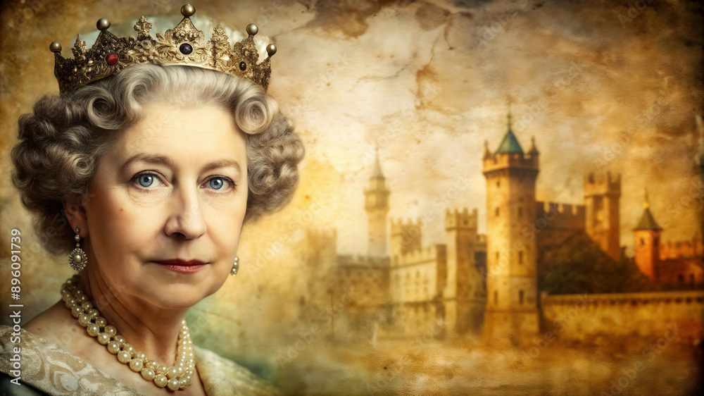 An old queen with a crown on his head with a blurry background of an ...