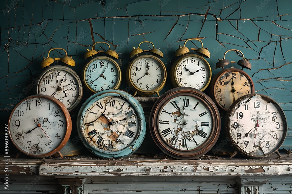 A collection of eerie antique clocks with cracked faces and rusted ...