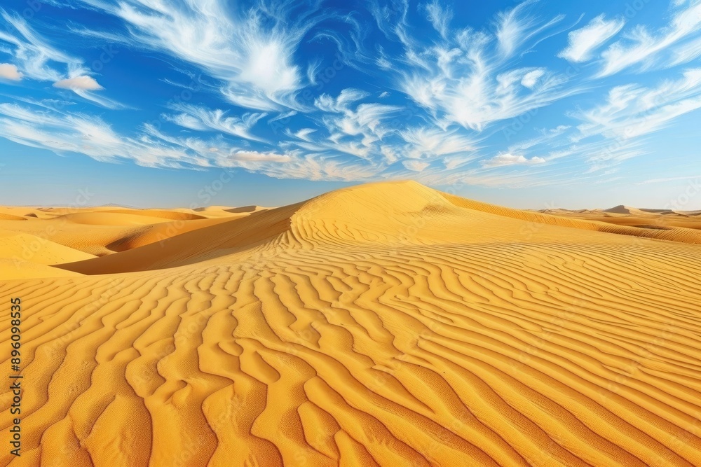 Beautiful desert landscape with golden sand dunes under a vibrant blue ...