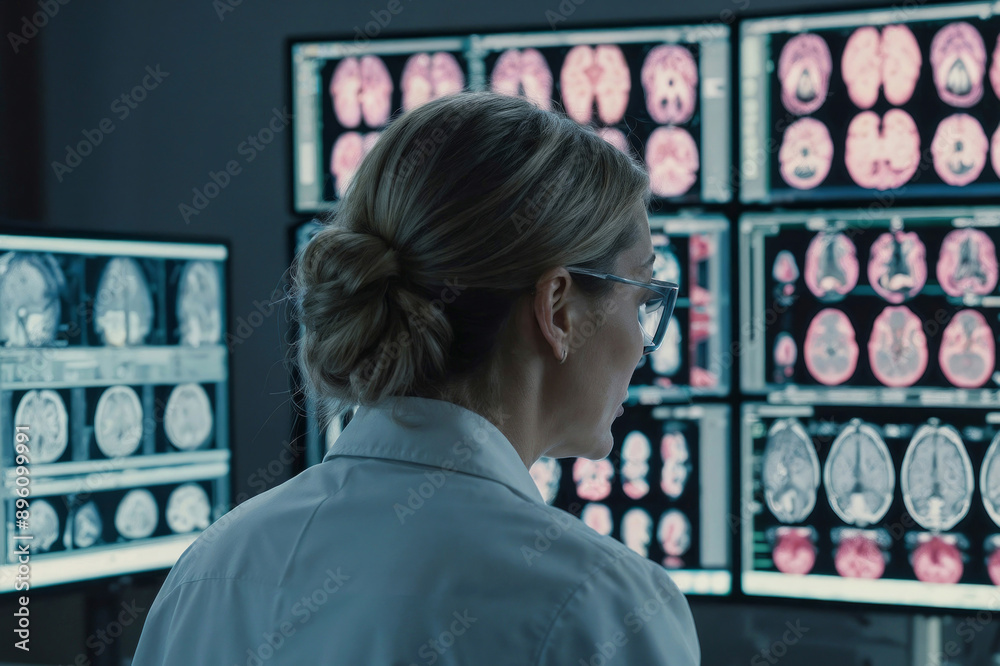 Neurologist woman in a white lab coat against the background of MRI ...