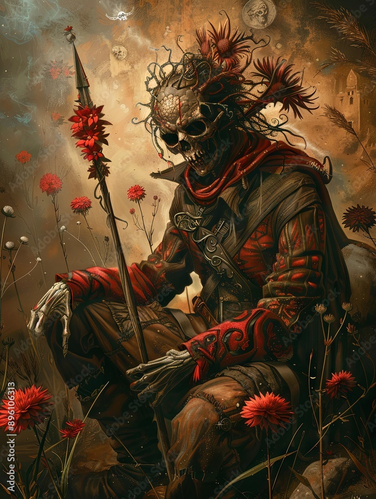 Skeletal Knight in a Field of Blood Flowers - A skeletal knight stands ...