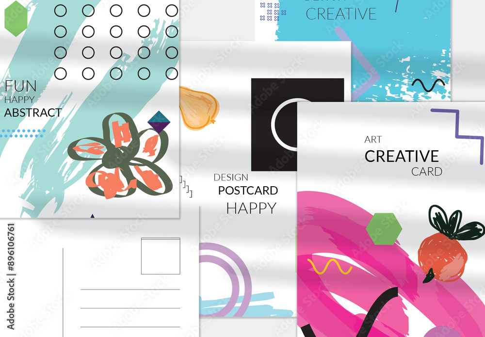 Postcard Layout with Hand Drawn Abstract Floral Doodles and Geometric ...