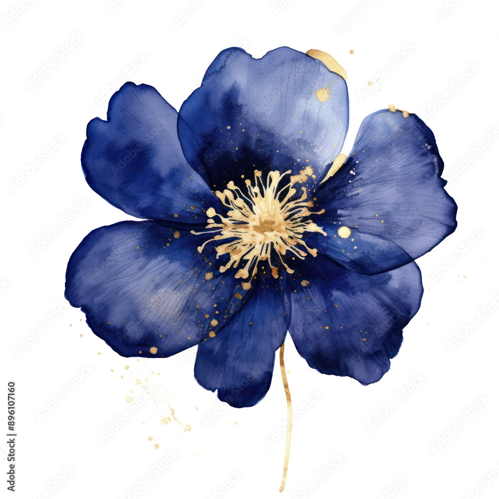 PNG ink painting of *indigo flower* gold sparkle in object, watercolor ...