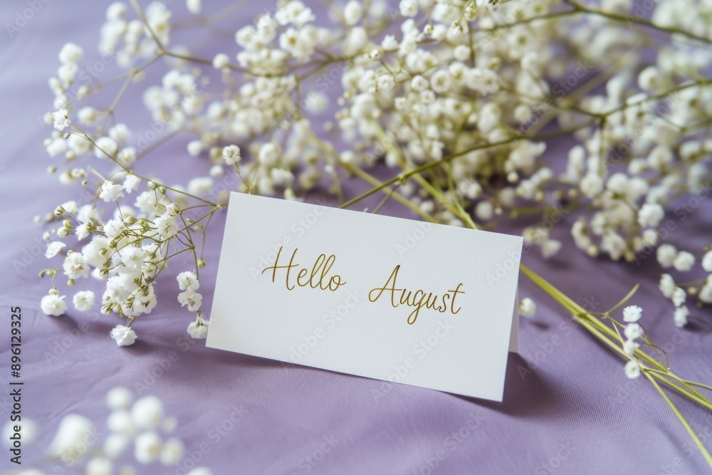 the words "Hello August" may be written in cursive, on a white card ...