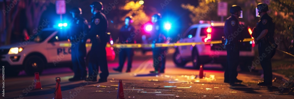 Police officers in uniform investigate a crime scene at night, standing ...